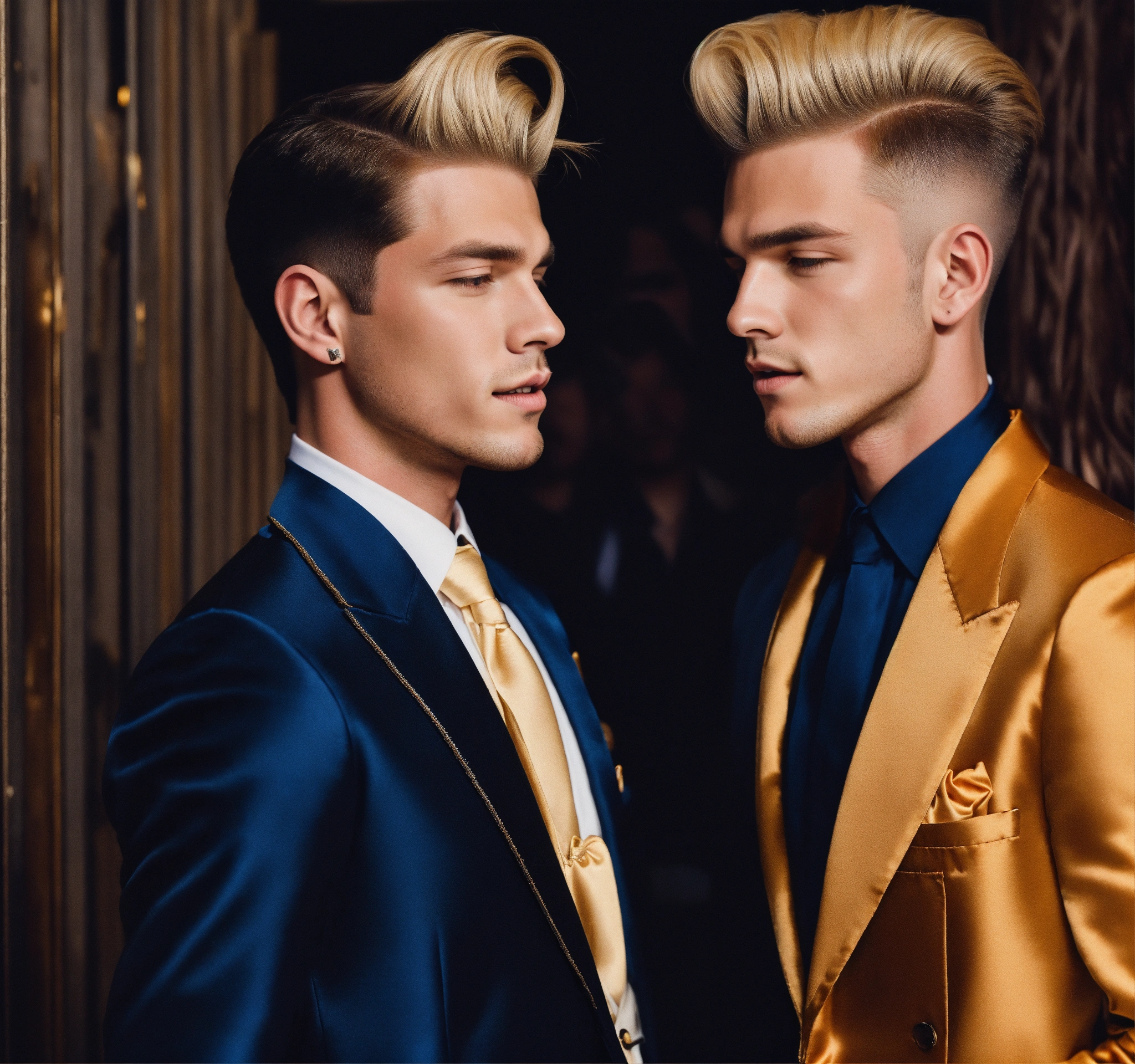 Lexica - Two young male blonde singers in satin navy vested suit ...