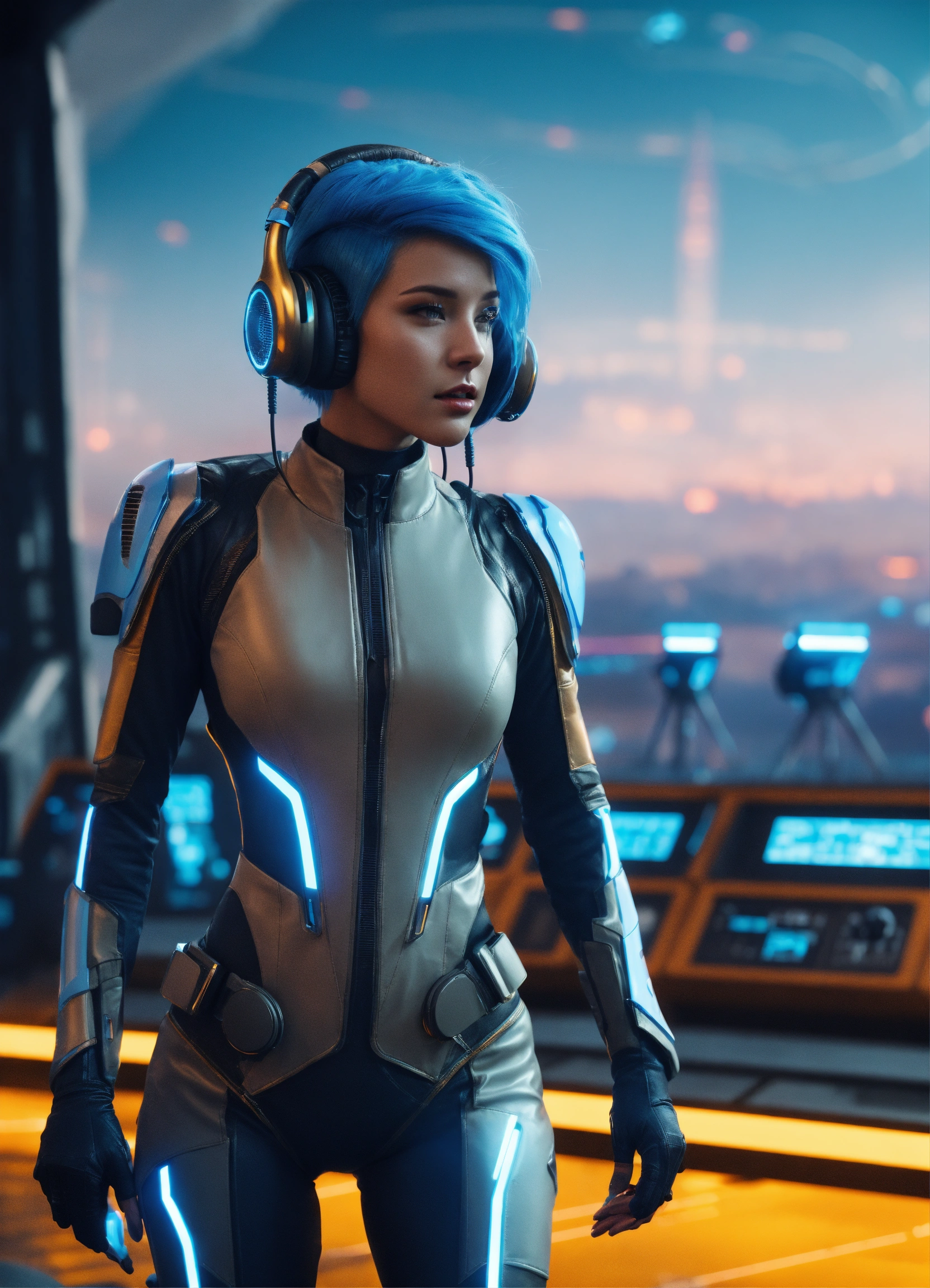 Lexica - Wide shot of a female super spy with blue hair is wearing a ...