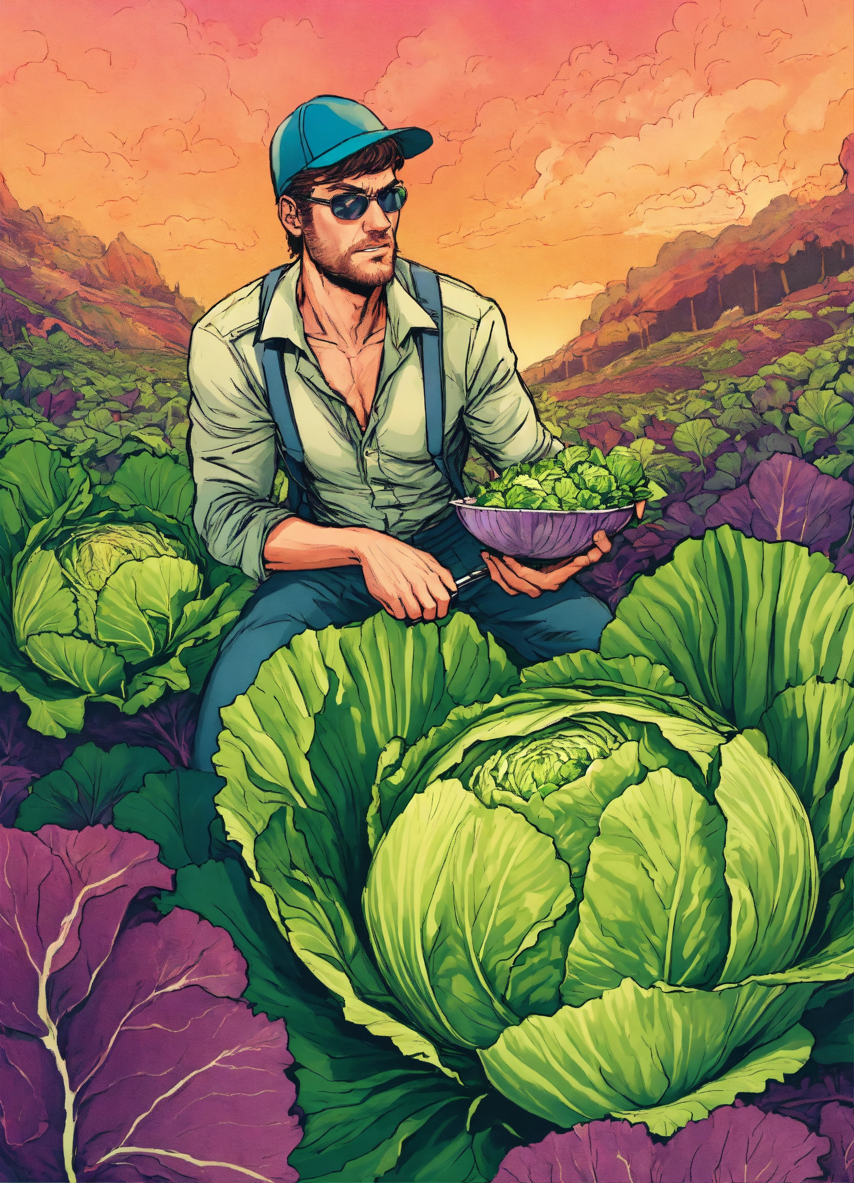 Lexica - An aggressive man get into the cabbage. comics, psychedelic background