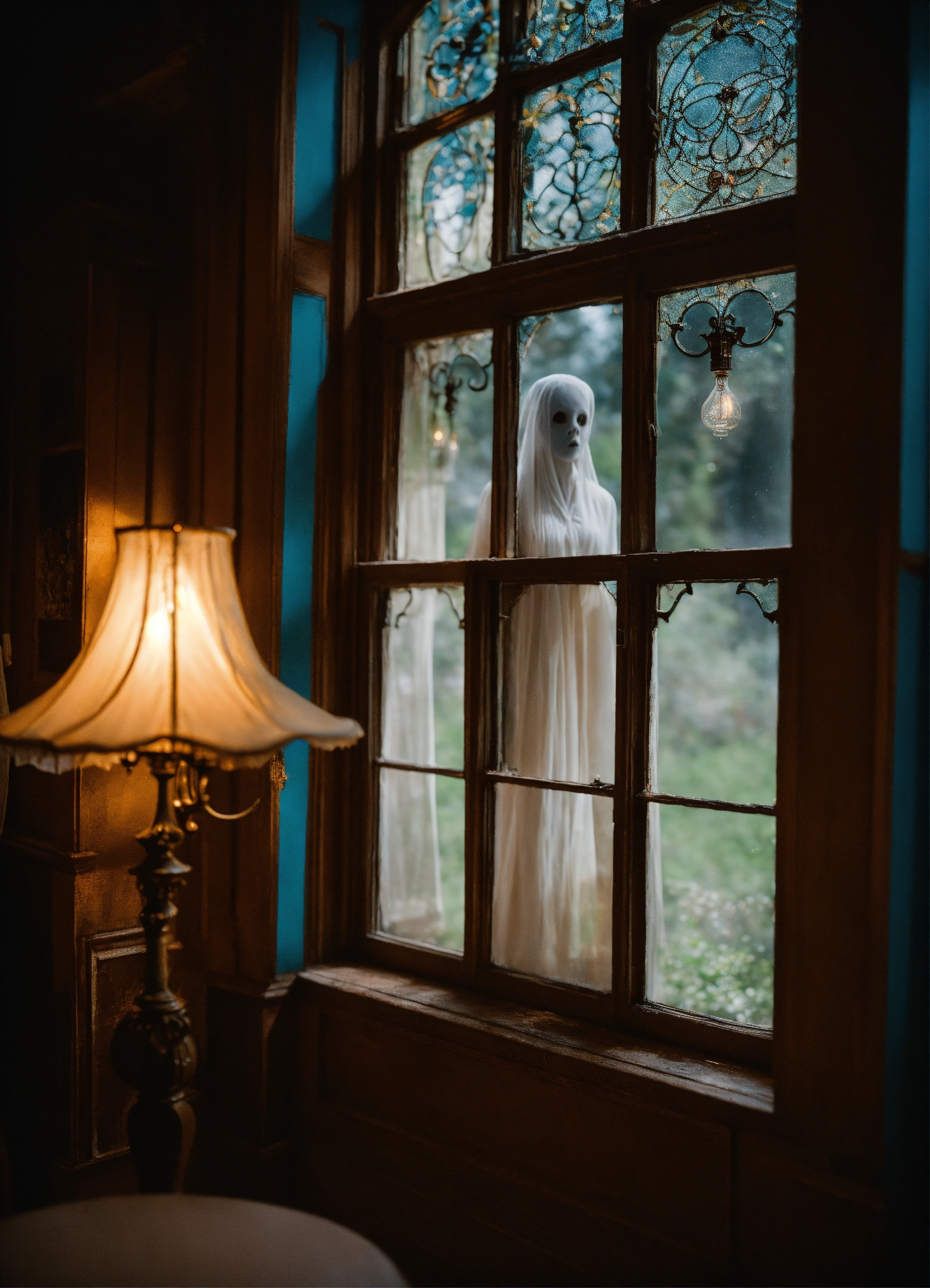Lexica - A ghostly apparition appearing in an old mansion's window ...