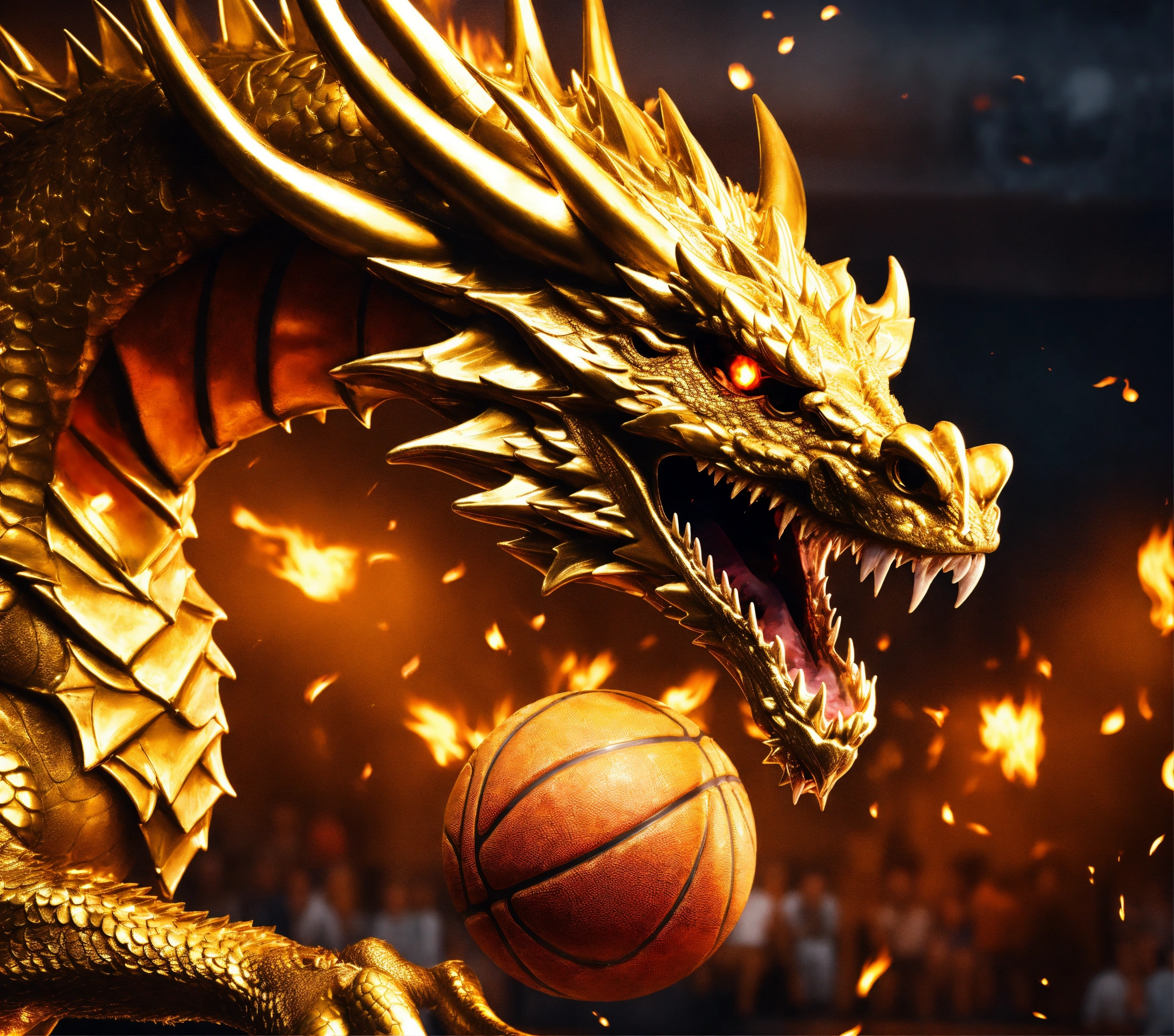 Lexica - A scary strong gold dragon with basketball shooting fire ...