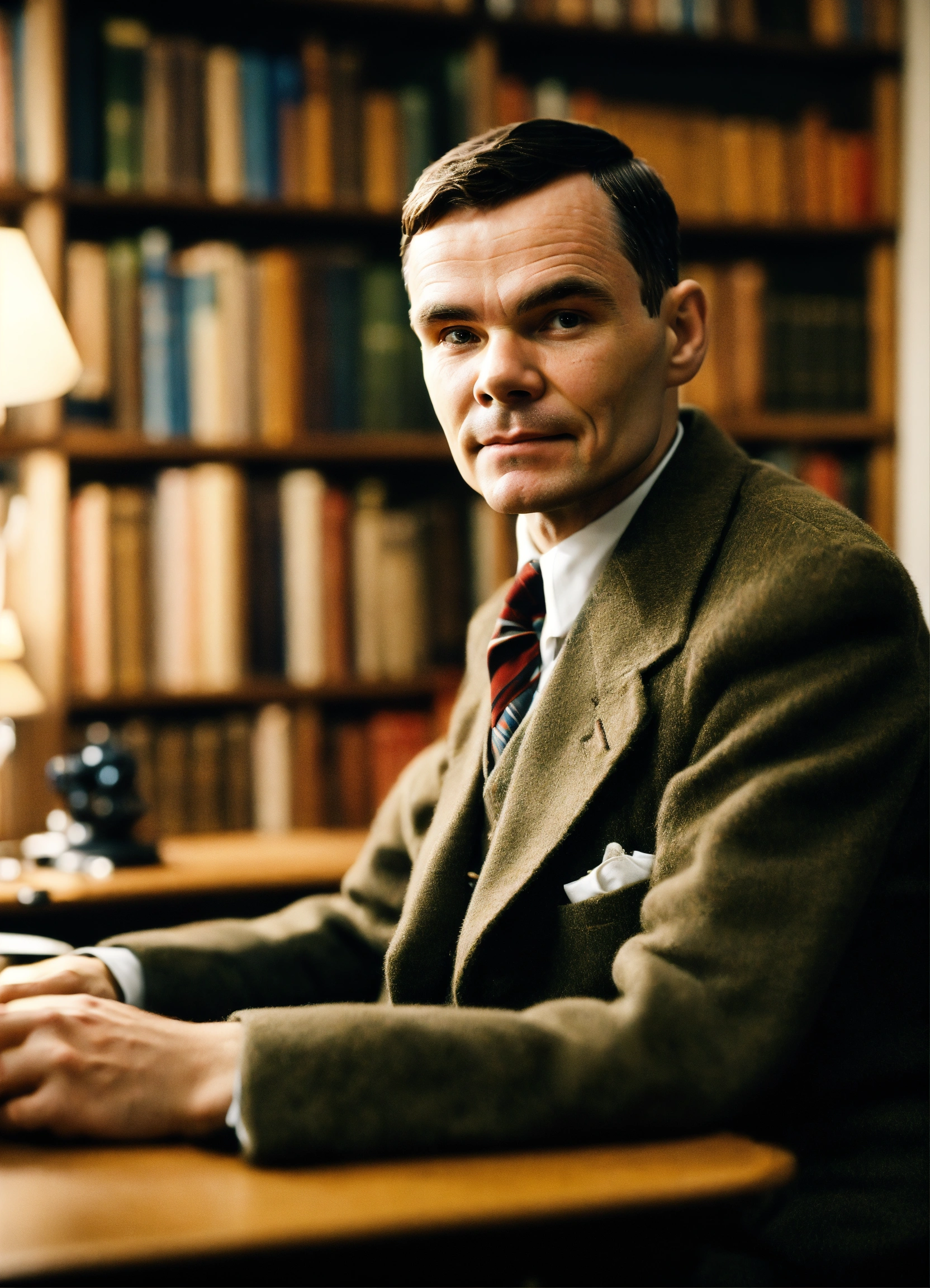 Lexica - A portrait of Alan Turing looking at the camera in a cosy ...
