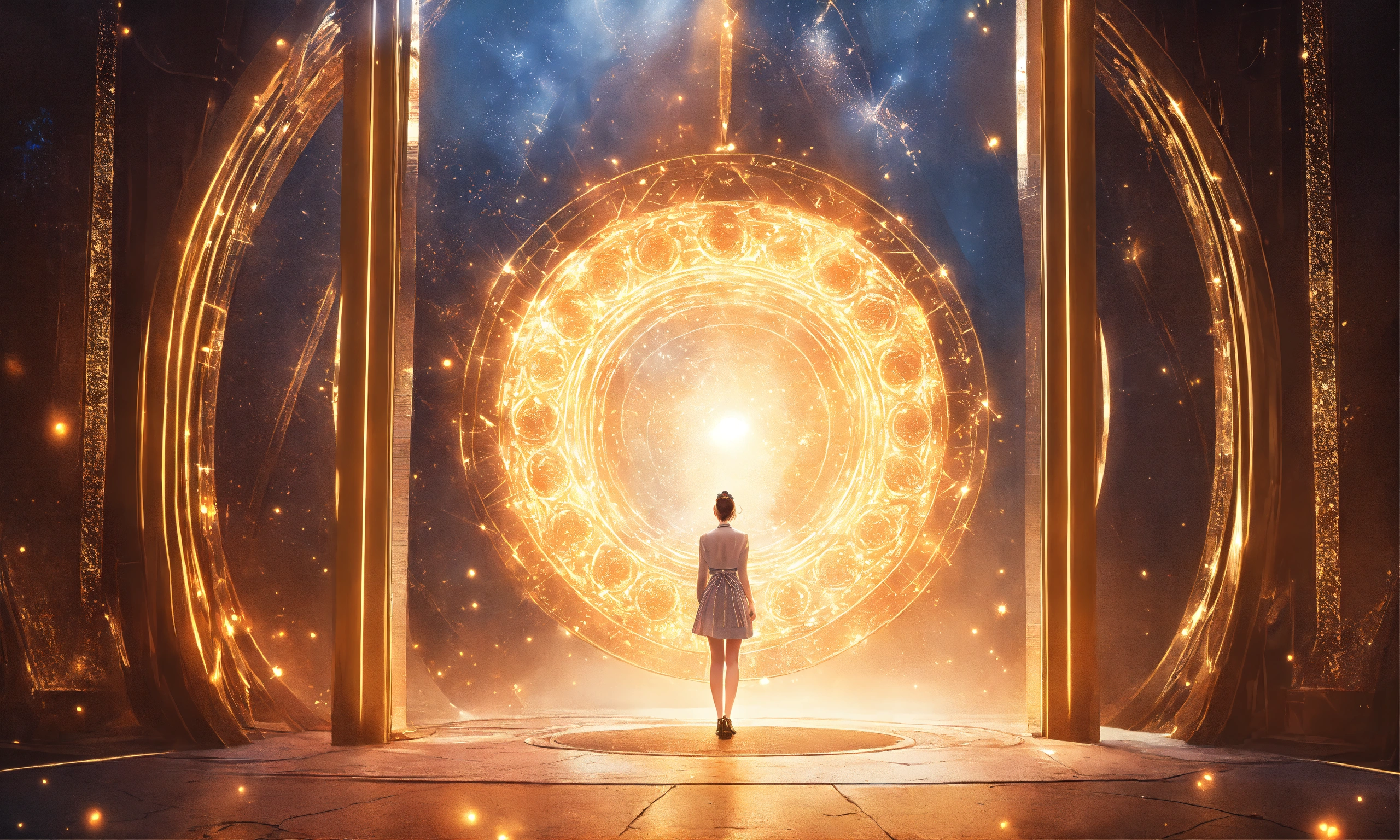 Lexica - Create an image of a woman from behind looking at five portals ...