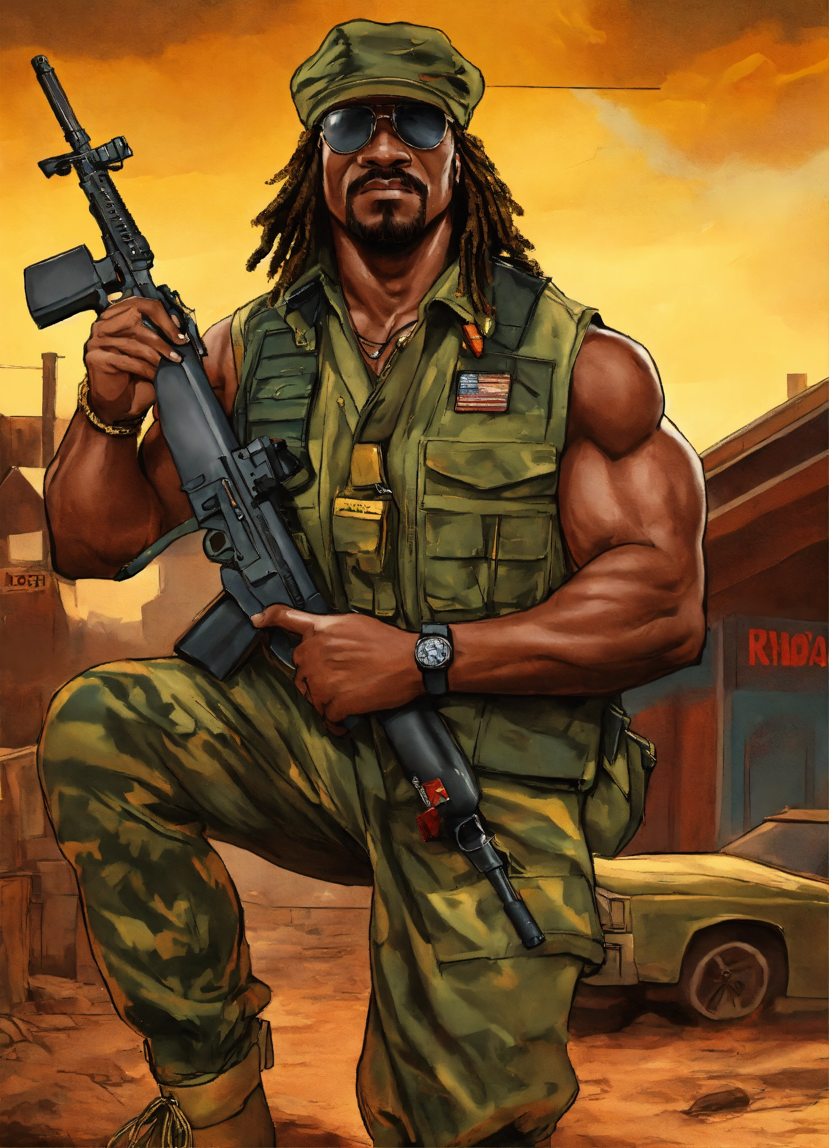 Lexica - A man rambo style caricature with Sharpeï dogg
