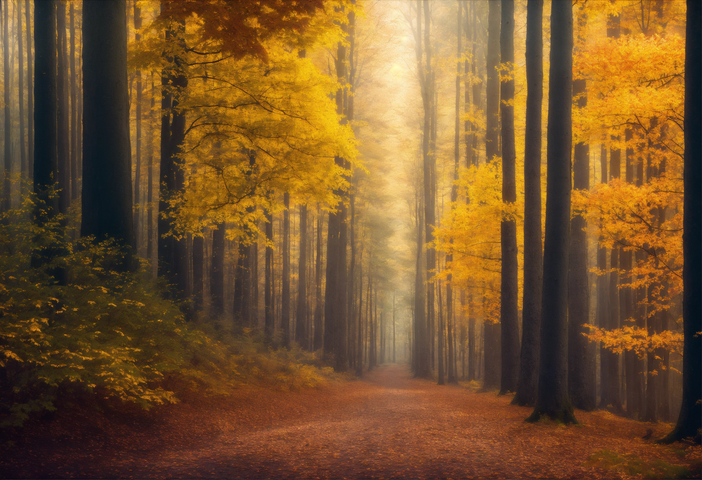 Lexica - Create an image of a forest in autumn with a focus on grain ...