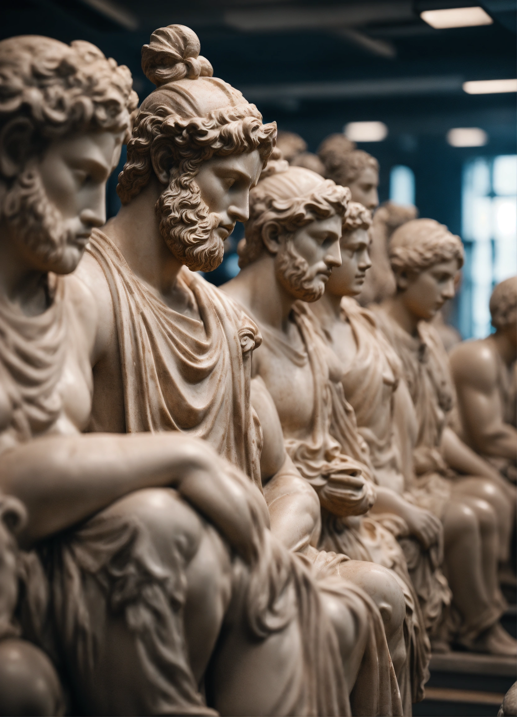 Lexica - Greek marble statues sitting in a very crowded gym during rush ...
