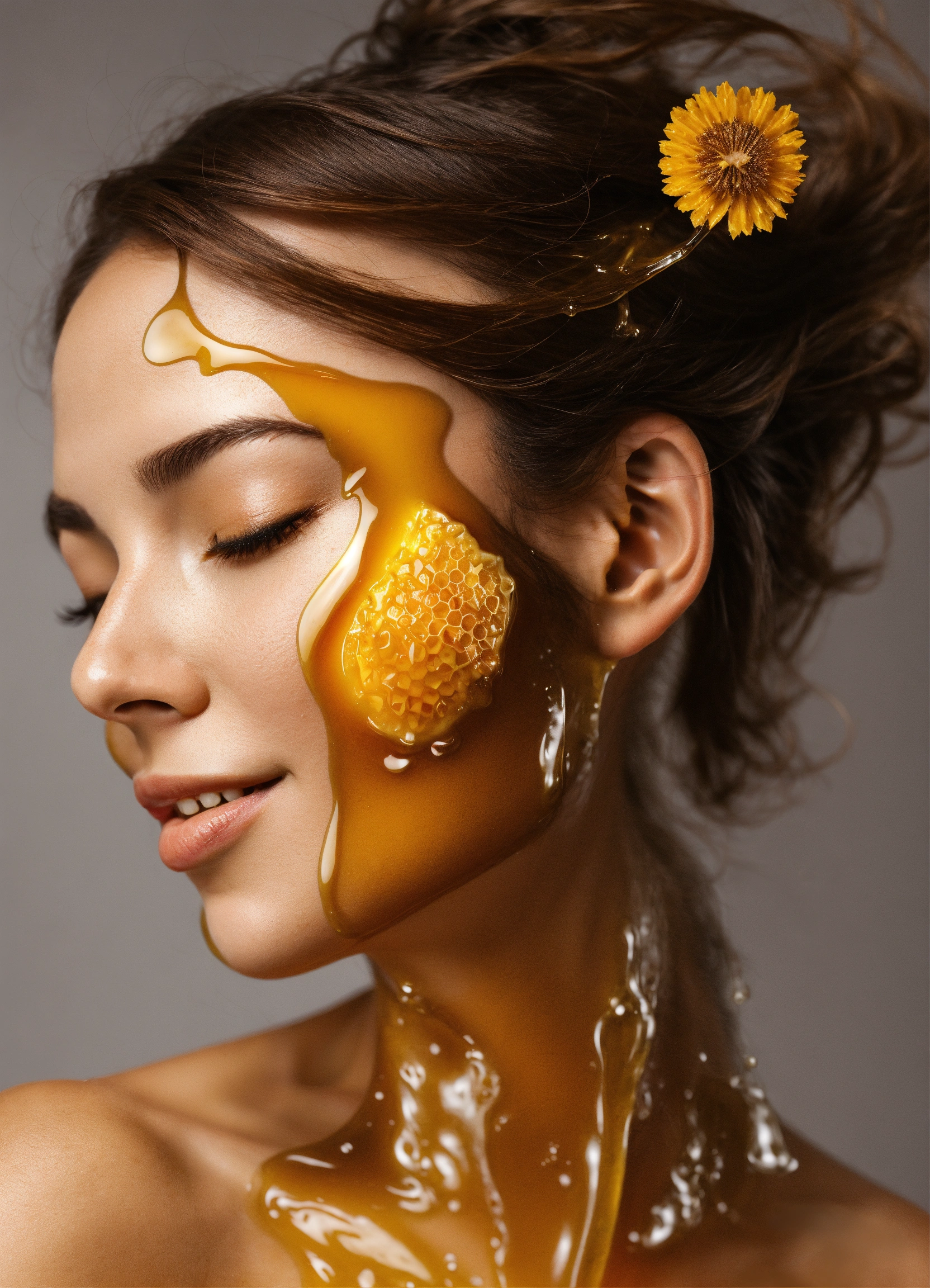 Lexica - Woman enjoying honey being poured on her face, hyper realistic