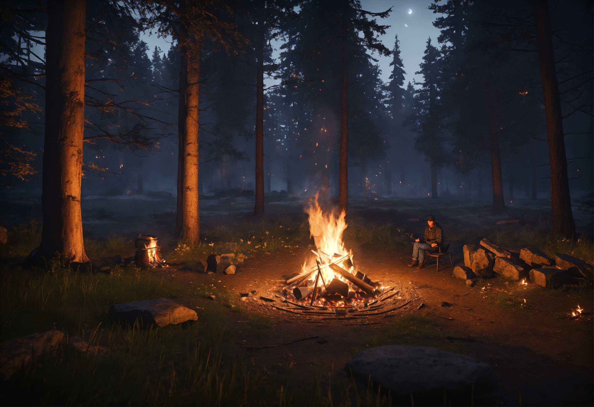Lexica - Unreal engine, camp fire in the woods, dark, night, alone