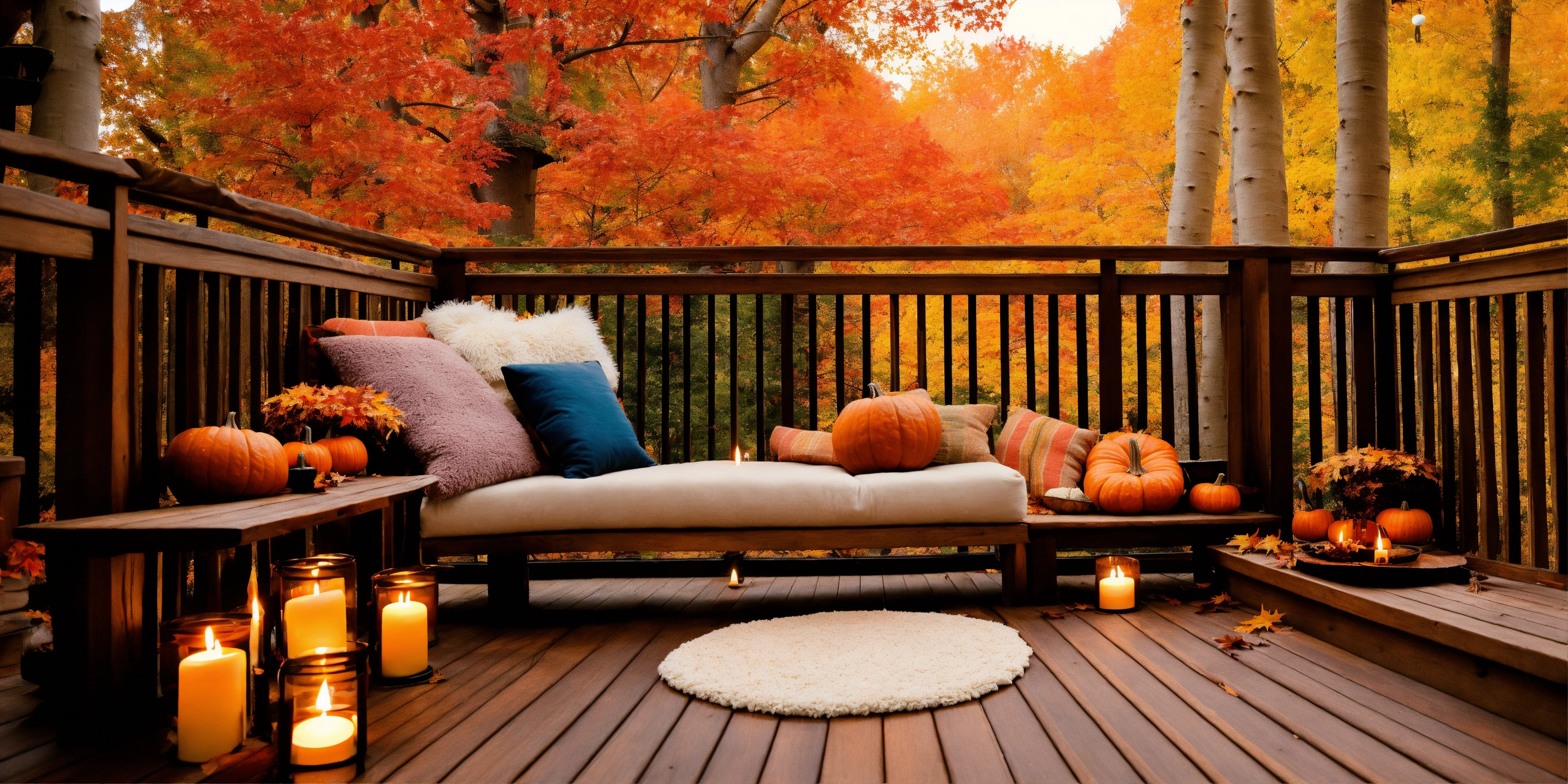 Lexica - Fall theme patio, big comfy couch, big fluffy white rug, fall ...