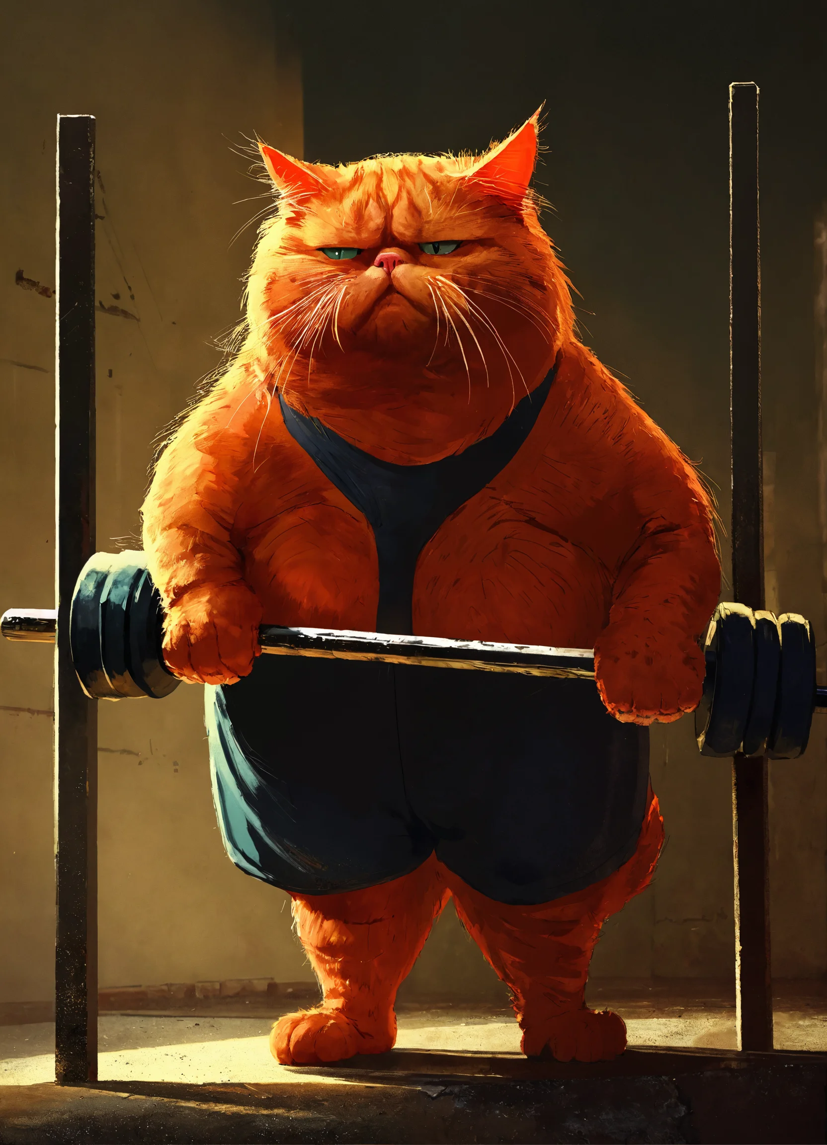 Lexica - Sad fat red cat Raises a barbell