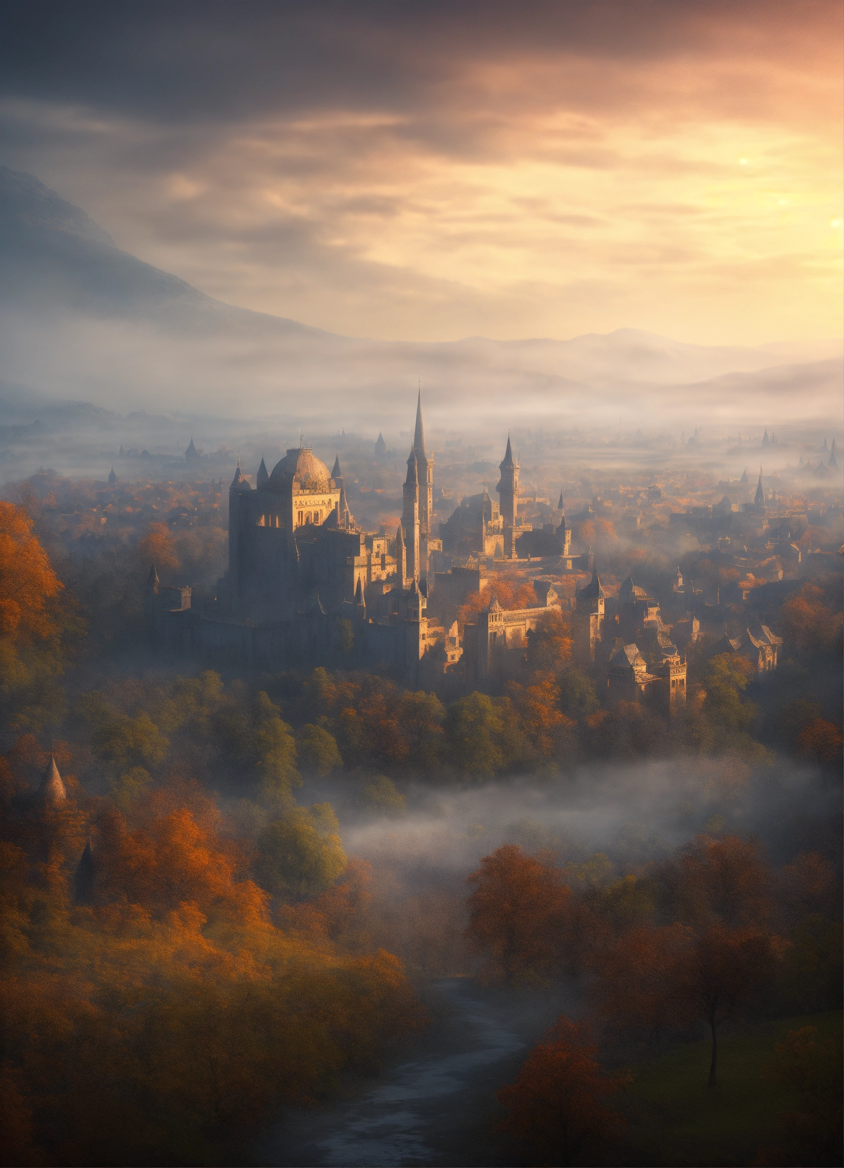 Lexica - In the distance, a town with a palace. Medieval. A misty aura ...