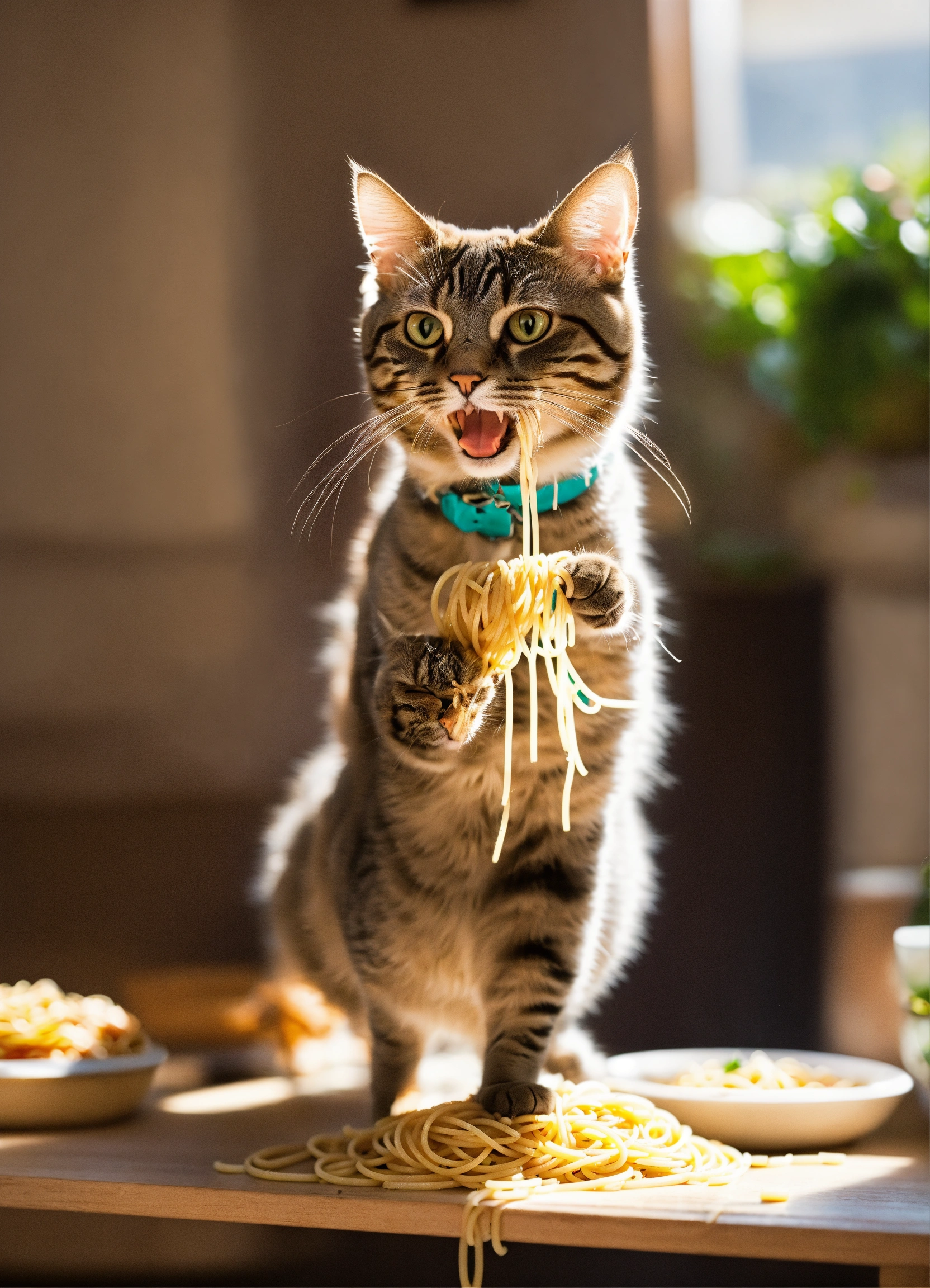 Lexica - A cat standing on 2 legs, eating spaghetti