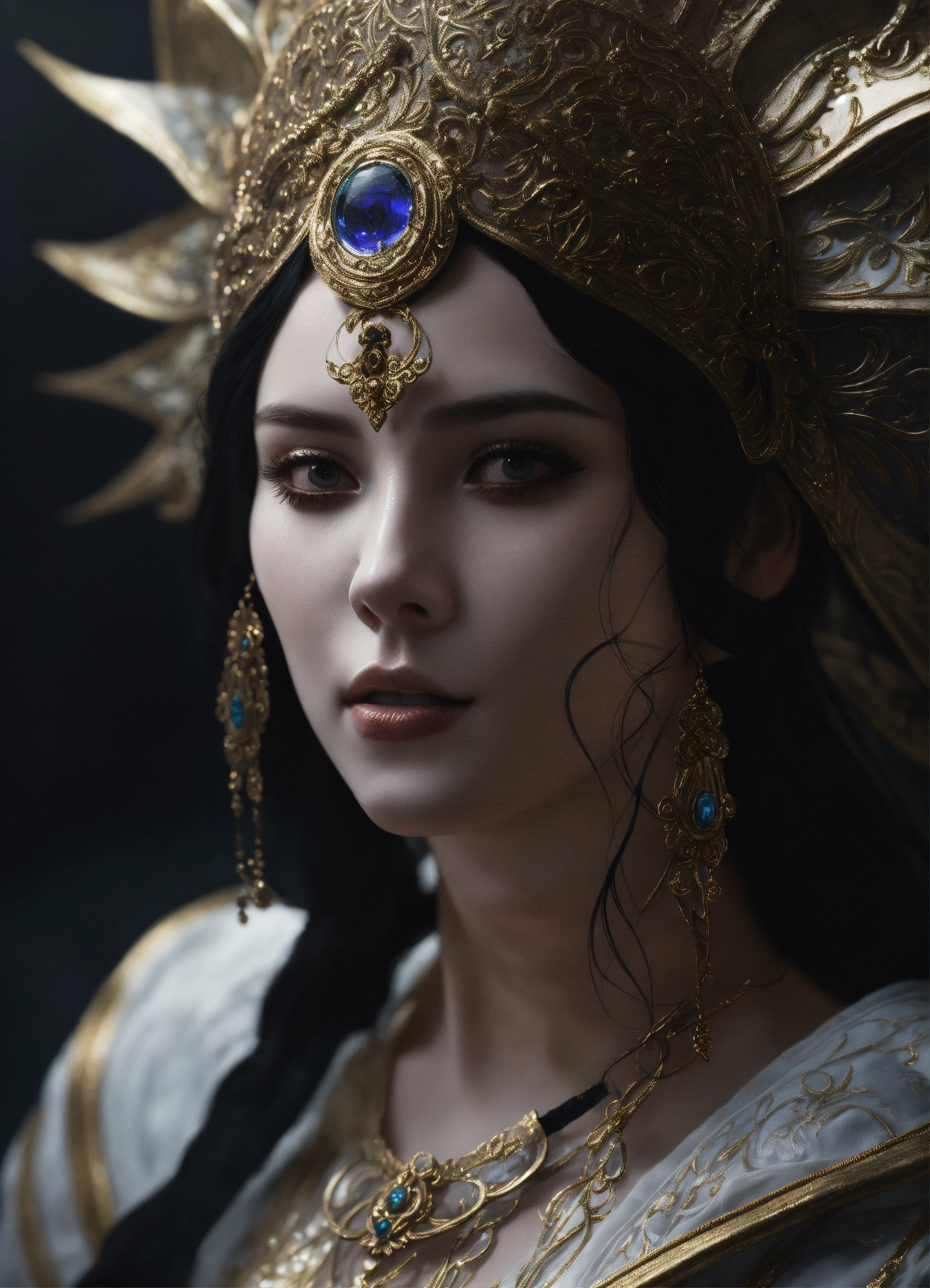 Lexica - Bright white porcelain mask. Dark priestess, black hair dark ...