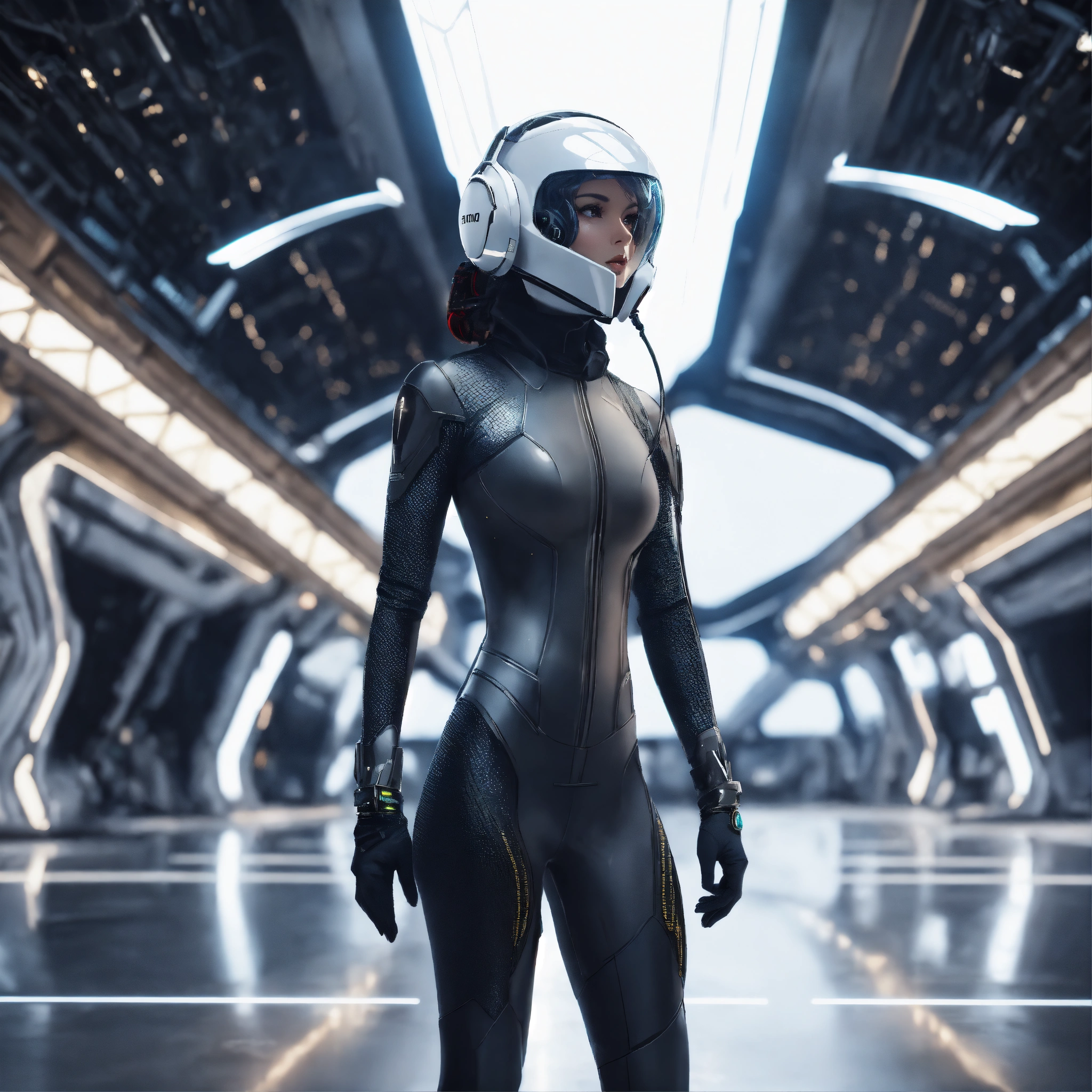 Lexica - Wide shot of a female super spy wearing a tight futuristic spy ...