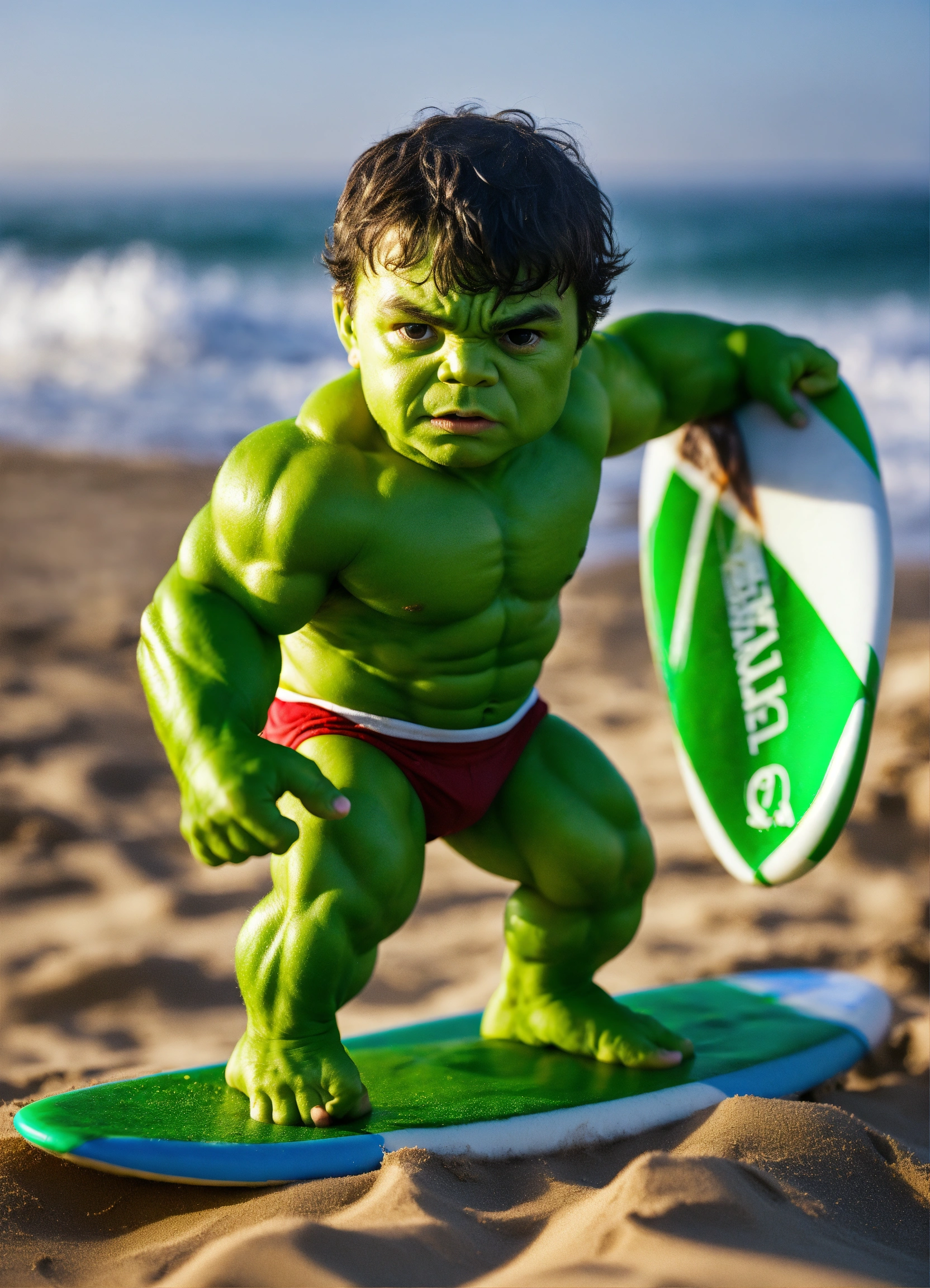 Lexica - Hulk super baby surfing on beach realistic clear focus camera
