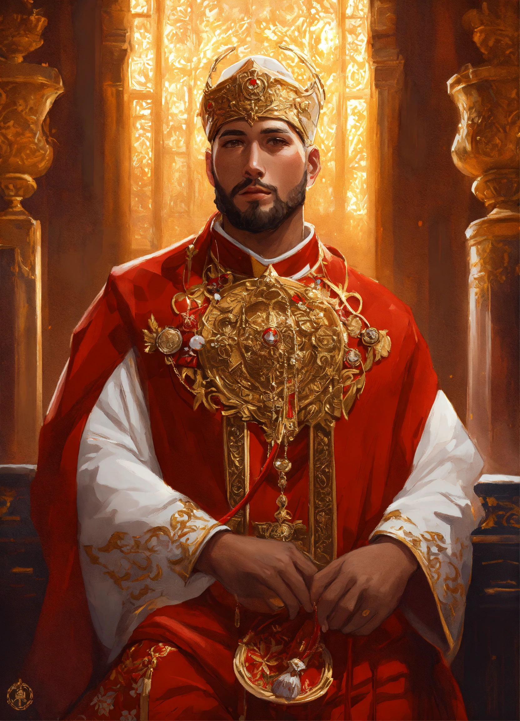 Lexica - Praios priest, red and white clothes, gold details, highly ...