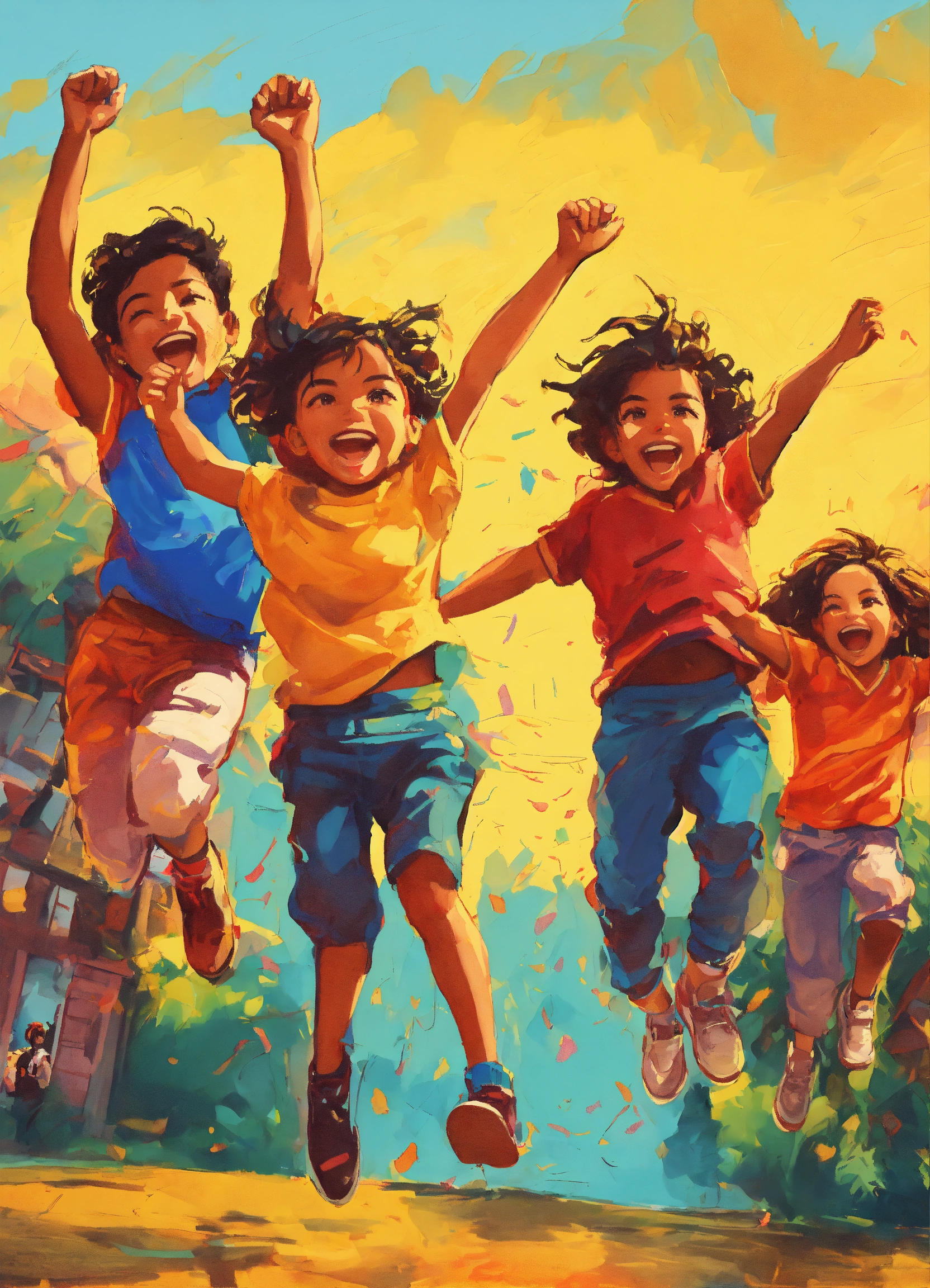 Lexica - A hand drawn painting of a group of Latino children, jumping ...
