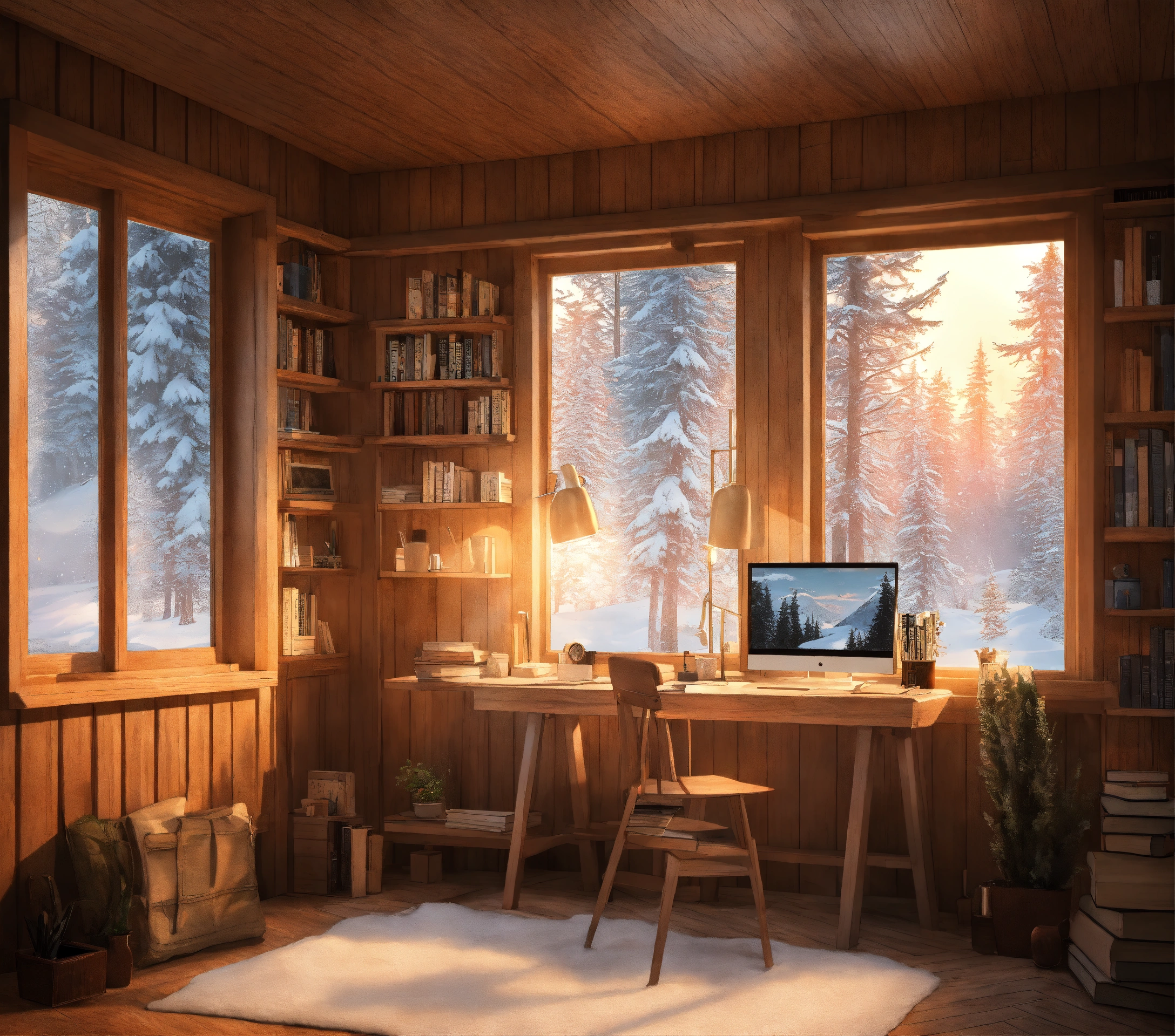 Lexica - Nordic forrest house, wooden study room, window centered in ...