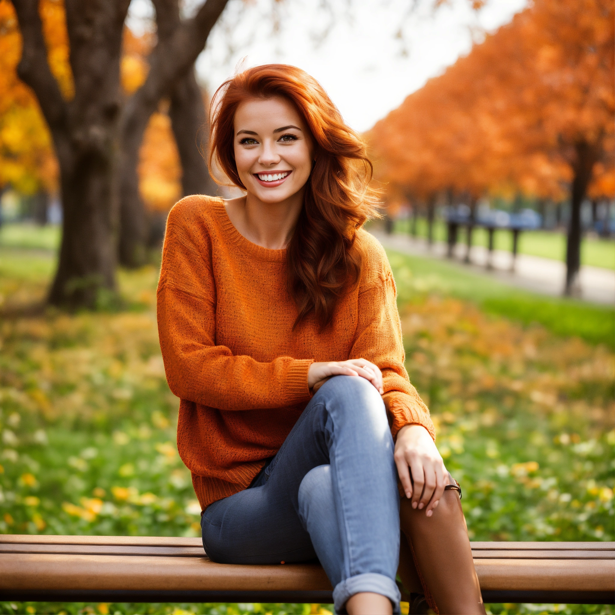 Lexica Beautiful Auburn Haired Woman Sitting On A Park Bench With An Orange Sweater Wide