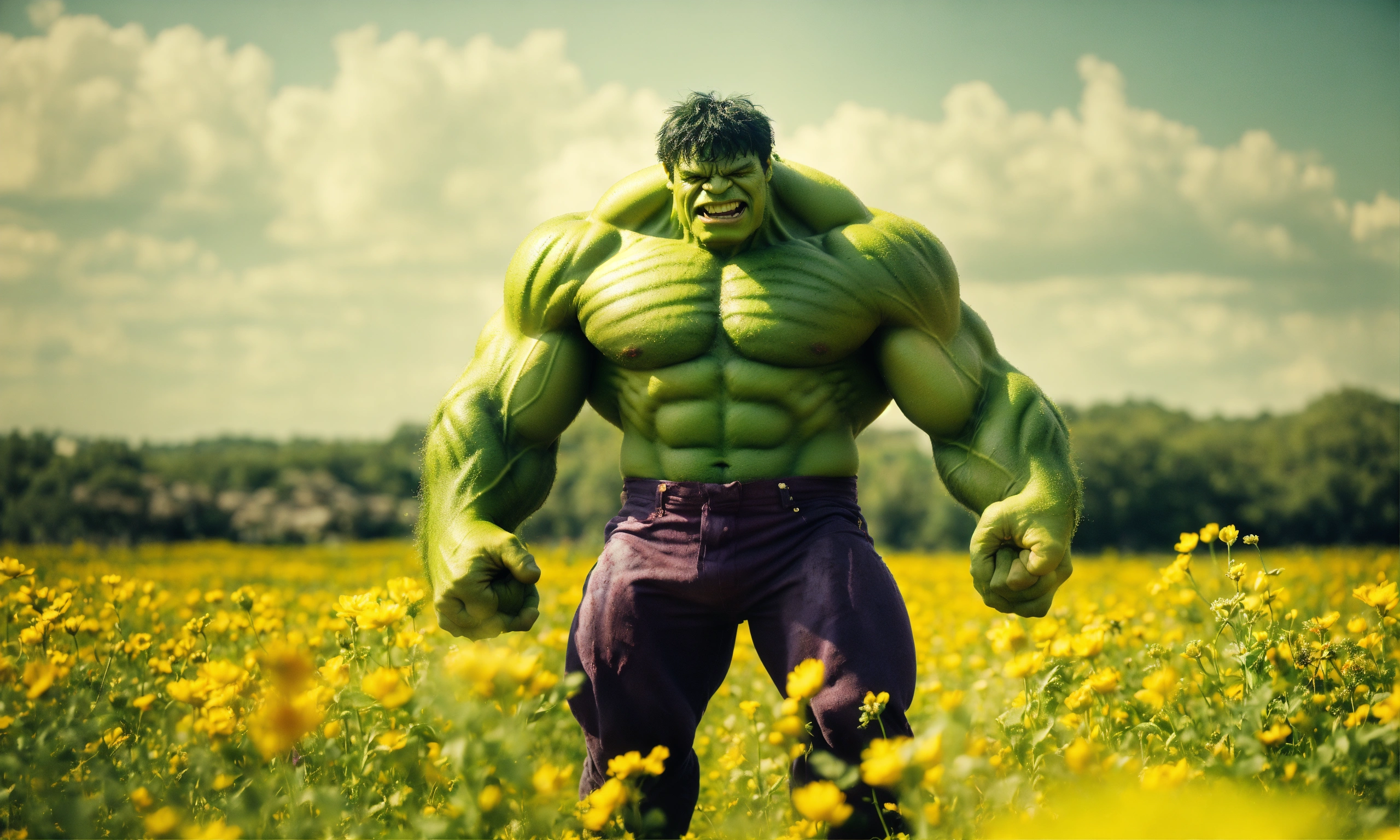 Lexica - Happy Hulk standing in a beautiful field of flowers, washed ...