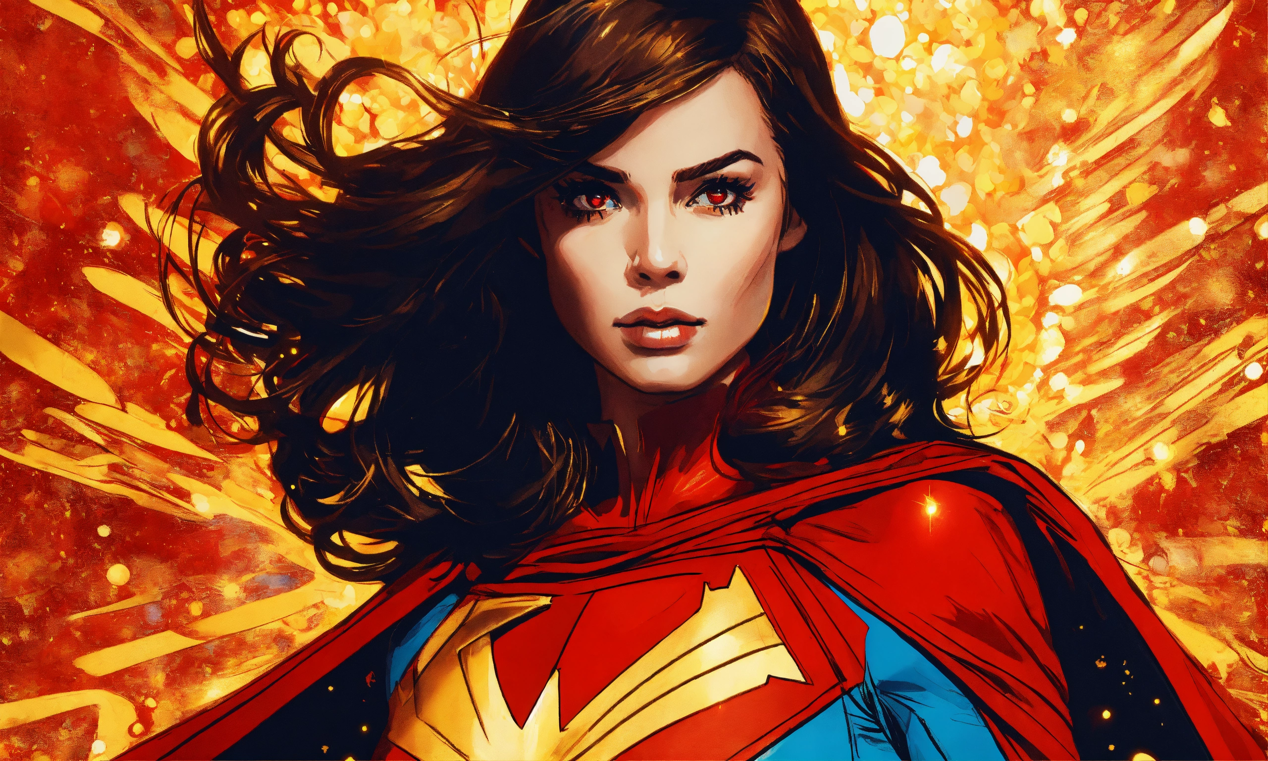 Lexica - Beautiful caped brunette female superhero, action pose, fiery ...