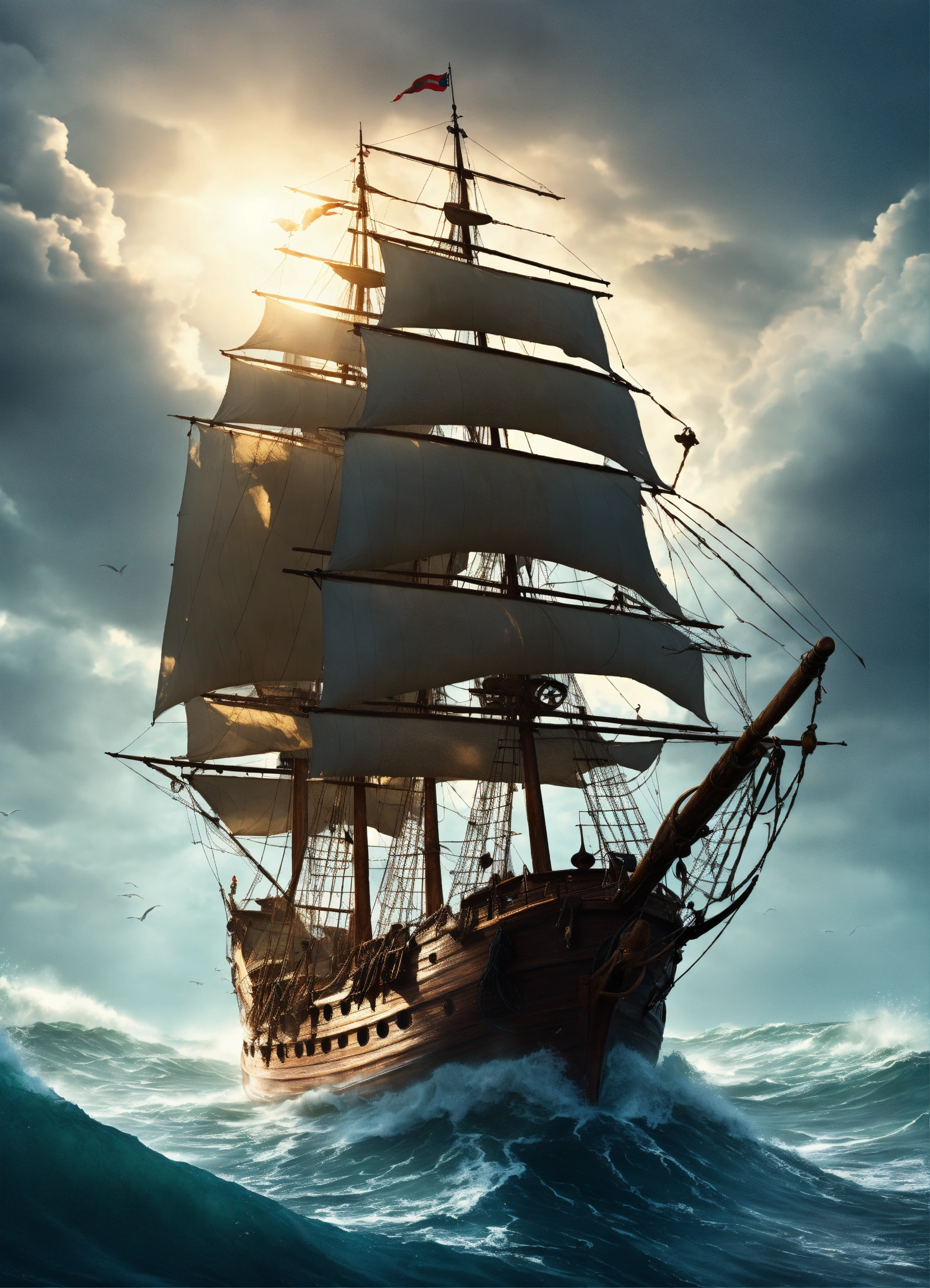Lexica - Pirate ship damaged sails sailing forward in the waves of a ...
