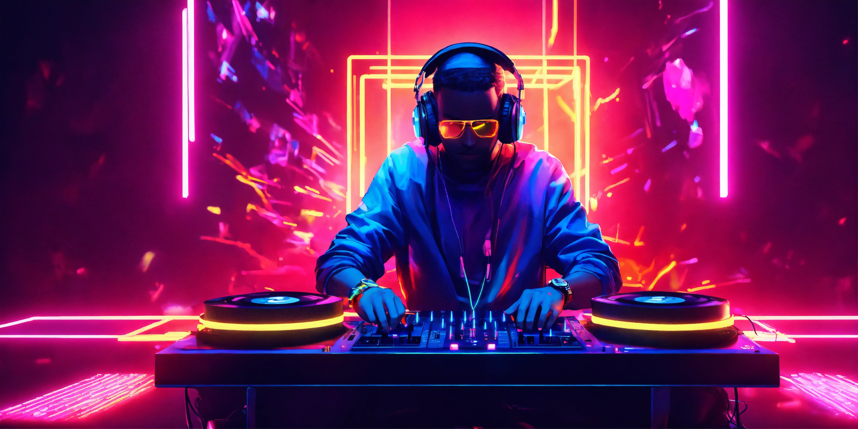 Lexica - A epic DJ character with abstract elements and dramatic neon ...