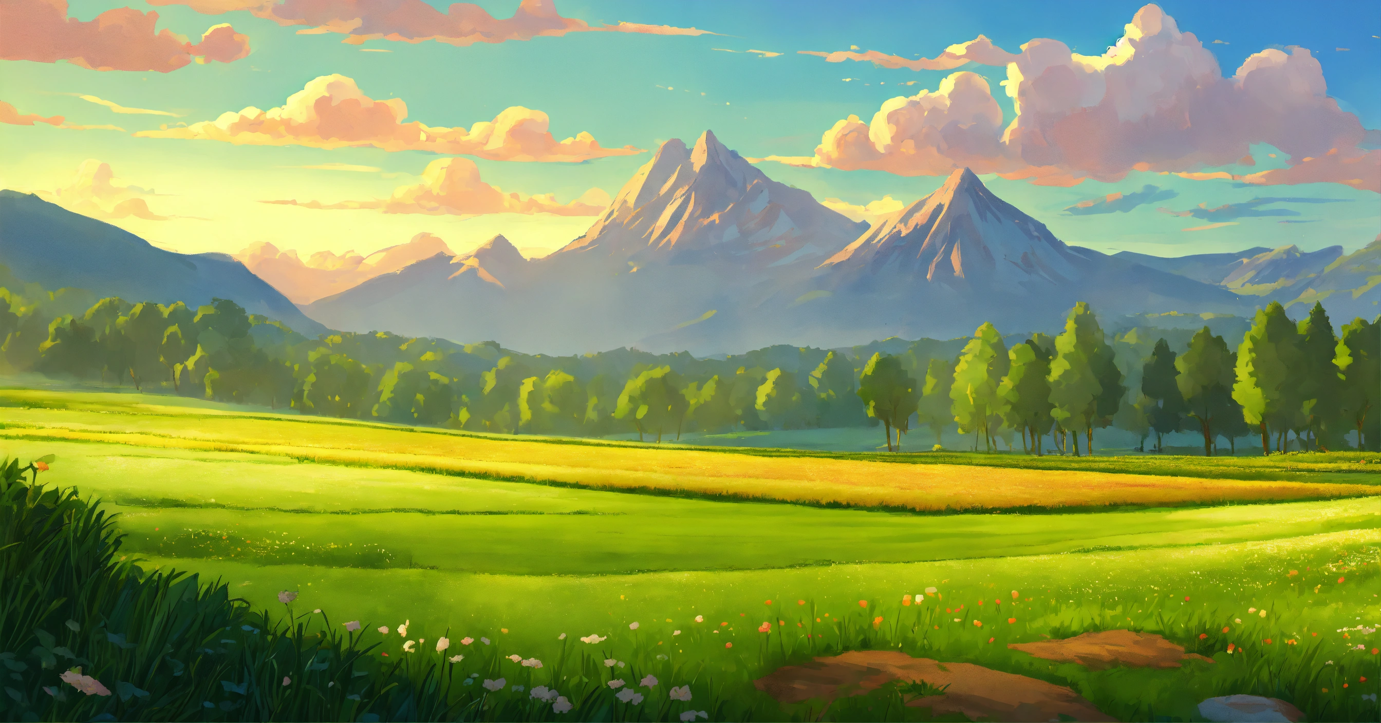 Lexica - Cartoon, big field, trees, grass, mountains in the background ...