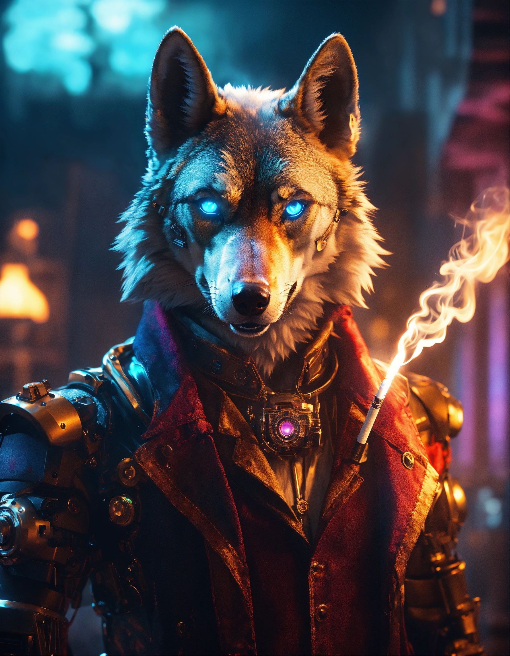 Lexica - A a robotic wolf smoking a cigarette vibrant lighting, the ...
