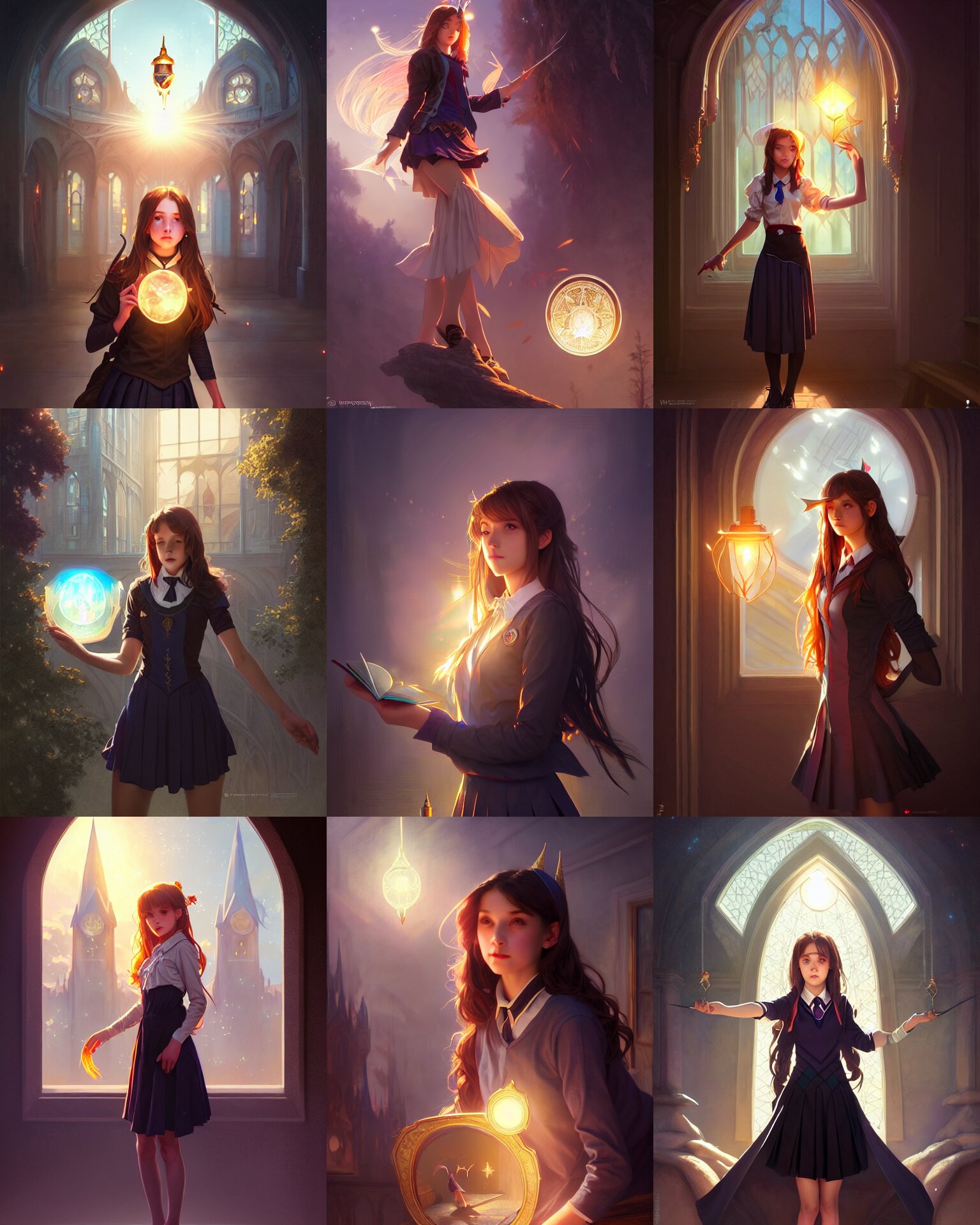 out of town college girl, magic school uniform, fantasy building ...