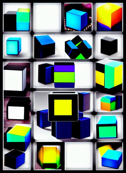 Lexica - Grid montage of optica with cube shaped lens, square shaped black cubes, cube shaped ...