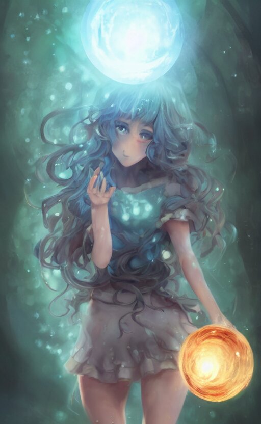 anime girl with curly hair holding a magical orb, WLOP, concept ...