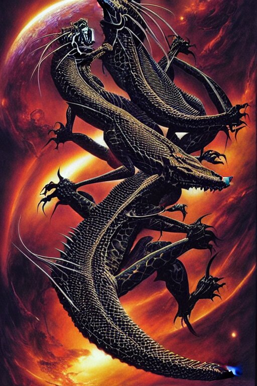 Lexica - Two muscular dragons entwined, floating in space, zero gravity, by ayami kojima, amano ...