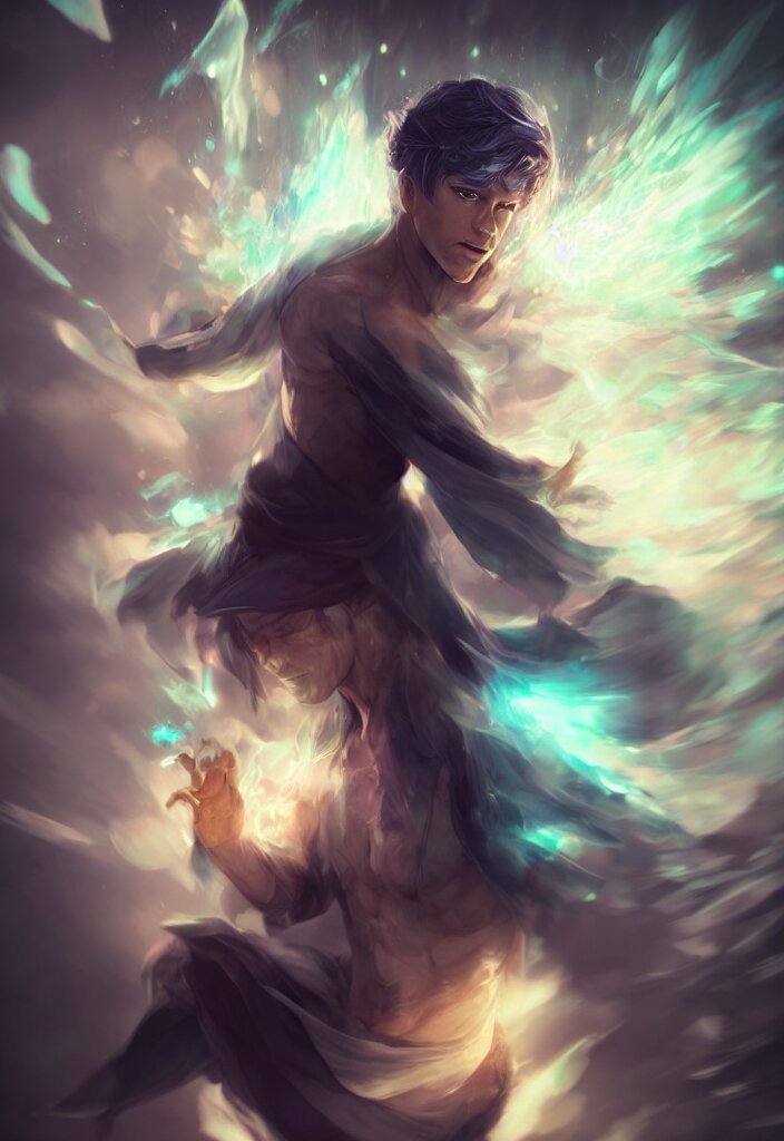 a human elemental sorcerer, blurred environment background, magi ...