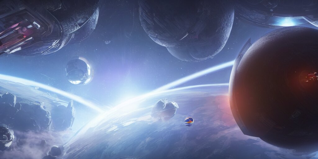 Lexica - Wide shot of a spheric round ball shaped sci fi space ship ...