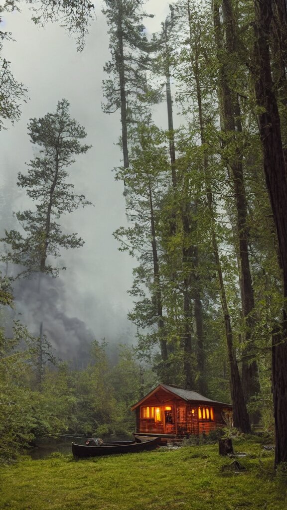 Lexica - Small wooden cottage in the forest at night, smoke coming out ...