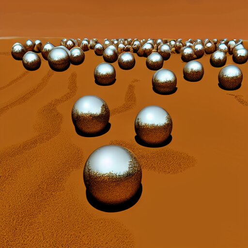 Lexica - Army of metallic spheres in desert, raytracing, 5 5 mm