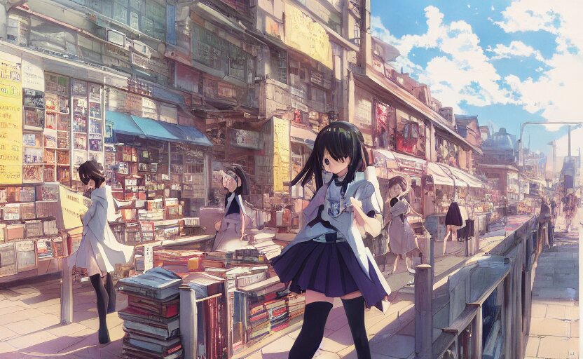Lexica - One single high school anime girl shopping on a book store. by ...