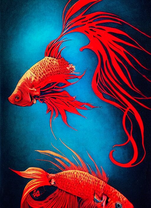 Lexica - Red betta fish by james jean and frank frazetta + black paper ...