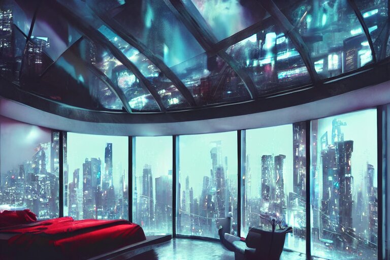 Lexica - A futuristic bedroom with large curved ceiling high windows ...