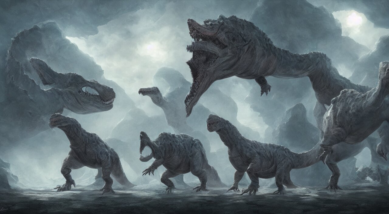 Lexica - Colorful ghost dinosaurs, glowing with magic, trapped in slate ...