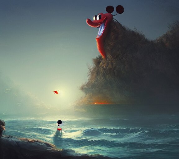 Lexica - Mickey Mouse sitting on a terrifying beach ,Scary sea monsters ...