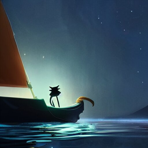 Lexica - A wholesome animation key shot of a black cat sailing a boat ...