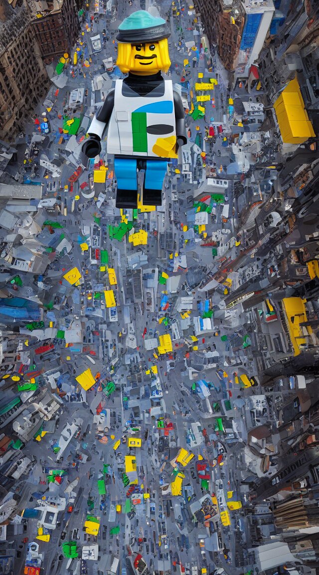 hyperrealistic giant enormous lego minifigure walking over city ...