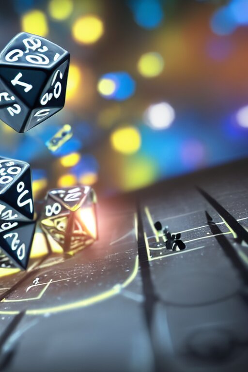 closeup, of one futuristic sci-fi Twenty sided dice, in the back ...