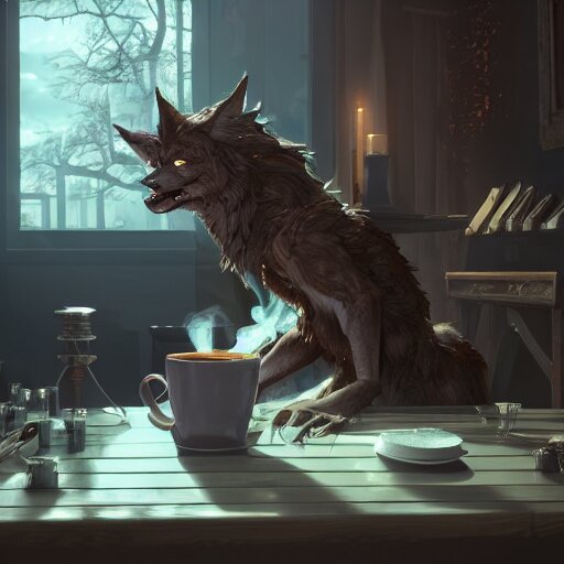 Lexica - A epic and beautiful rococo werewolf drinking coffee, in a ...