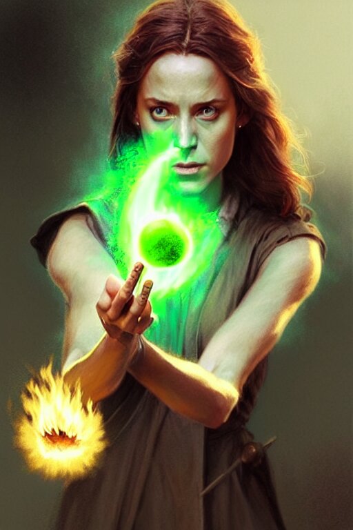 a female wizard casting a green fireball | | pencil sketch, real ...