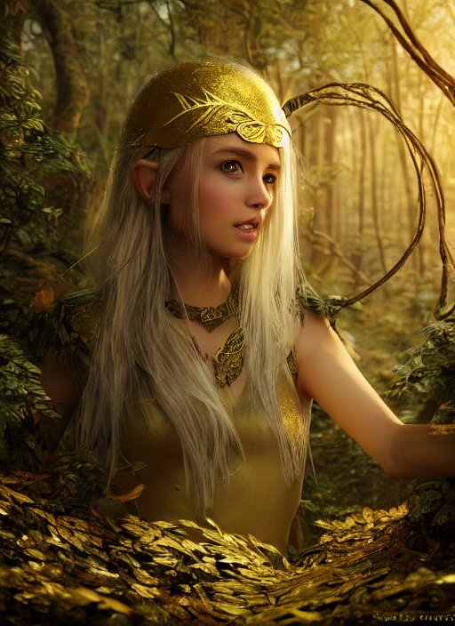 Lexica - Magical forest with gold and silver leafs, music, girl with ...