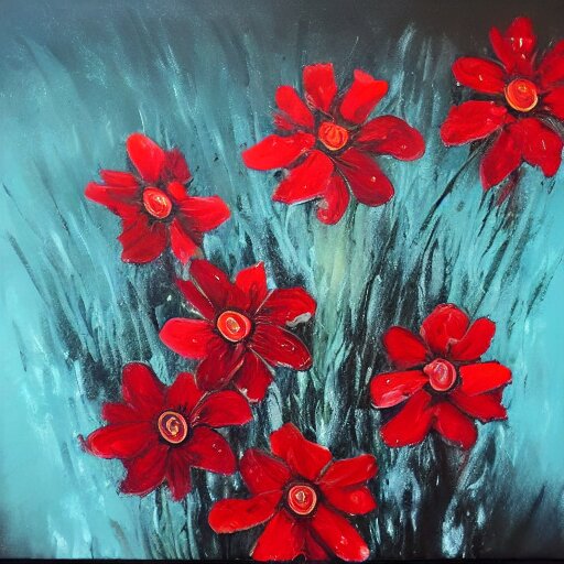 Lexica - Oil painting of many various red flowers painted on a black ...
