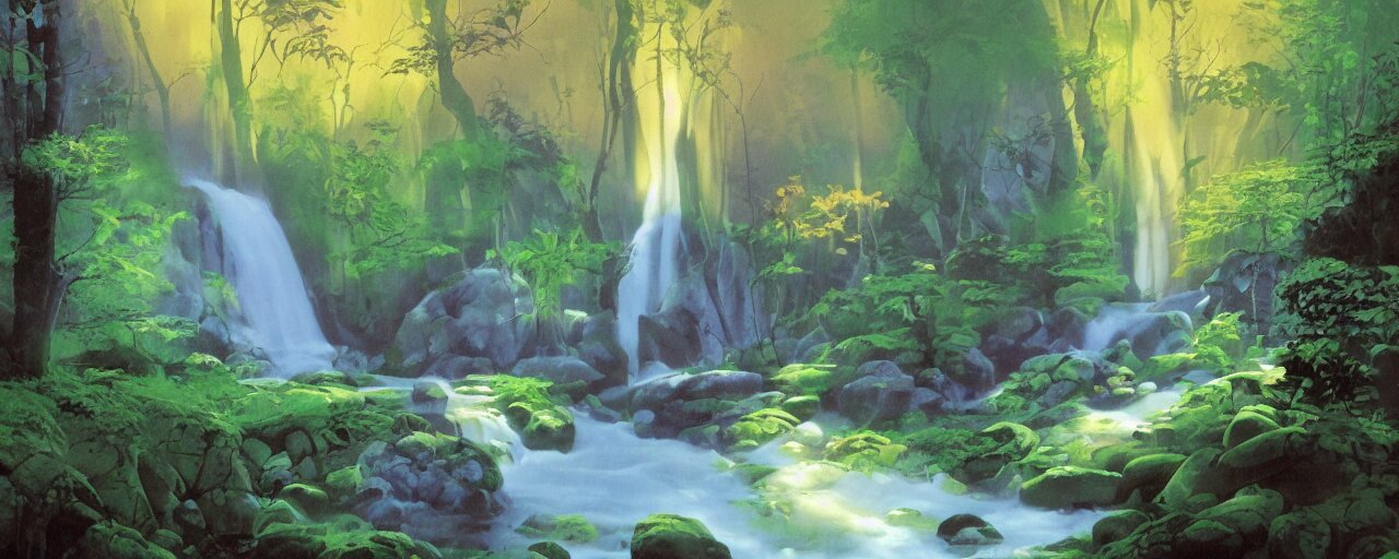 Lexica - Deep forest, rainbow river waterfall, waterfall wall splitting ...